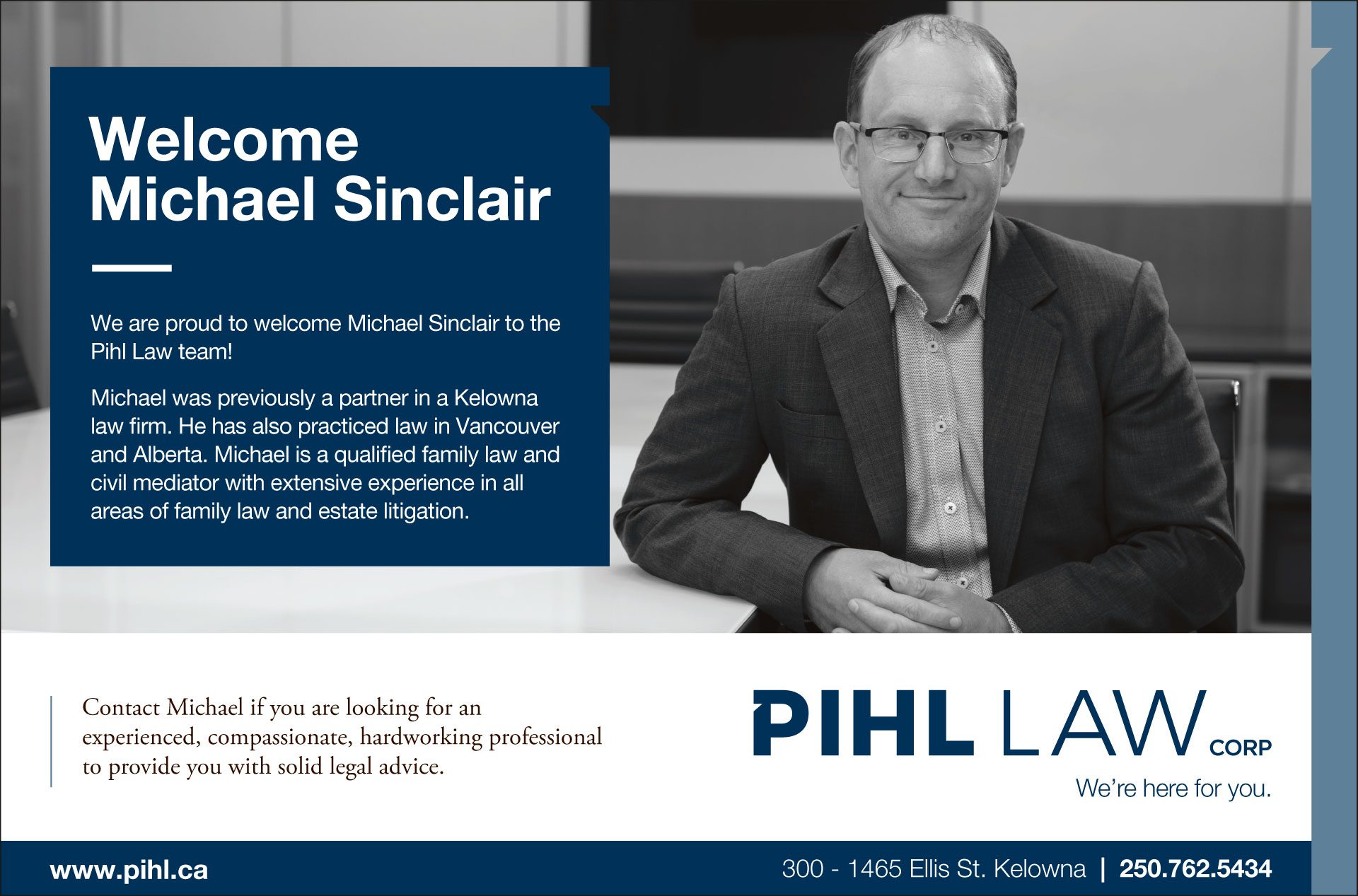Welcome Michael Sinclair | Pihl Law Corp.